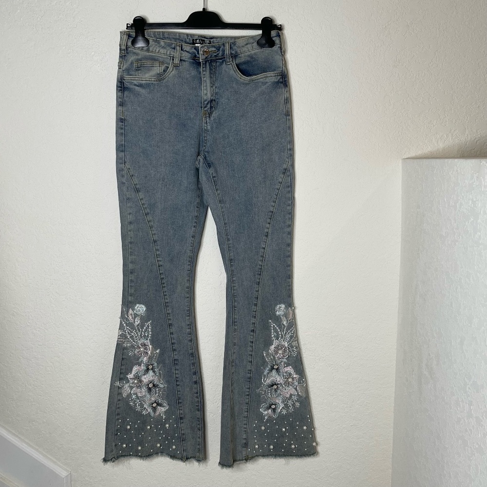 Venus Flared Pearl Floral Butterfly Embellished Jeans… - Gem